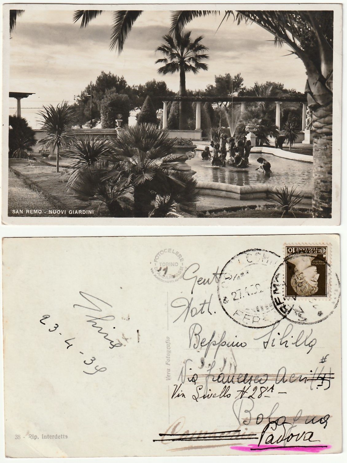 Sanremo - Imperia - Nuovi Giardini - Viagg. 1939 -90970-